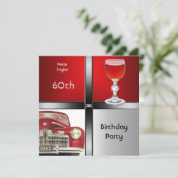 Mens 60th Birthday Party Red Metal Silver Red Car Invitation | Zazzle