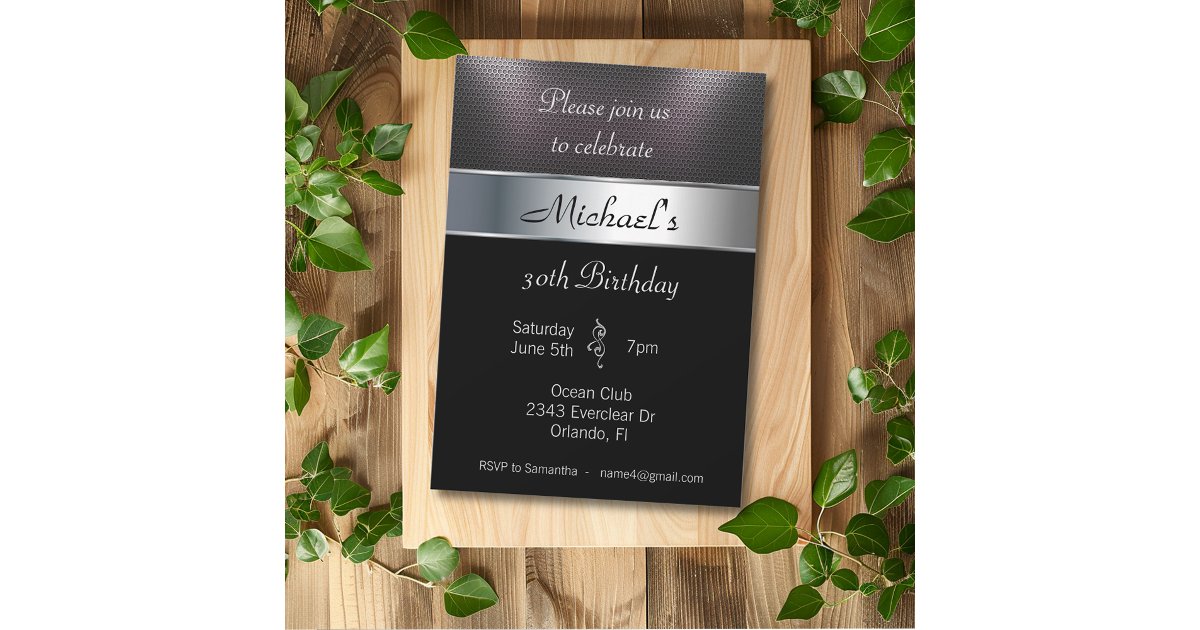 Men's Birthday Party Metal Silver Black Metallic Invitation | Zazzle