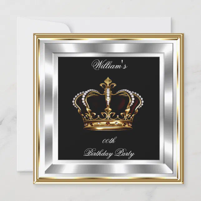 Men's Black Gold Silver Birthday Prince King Invitation | Zazzle