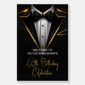 Mens Black Gold Tuxedo Birthday Welcome Sign | Zazzle