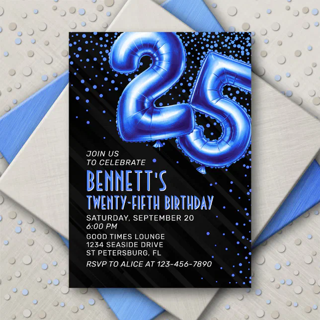 Mens Blue 25th Birthday Invitation | Zazzle