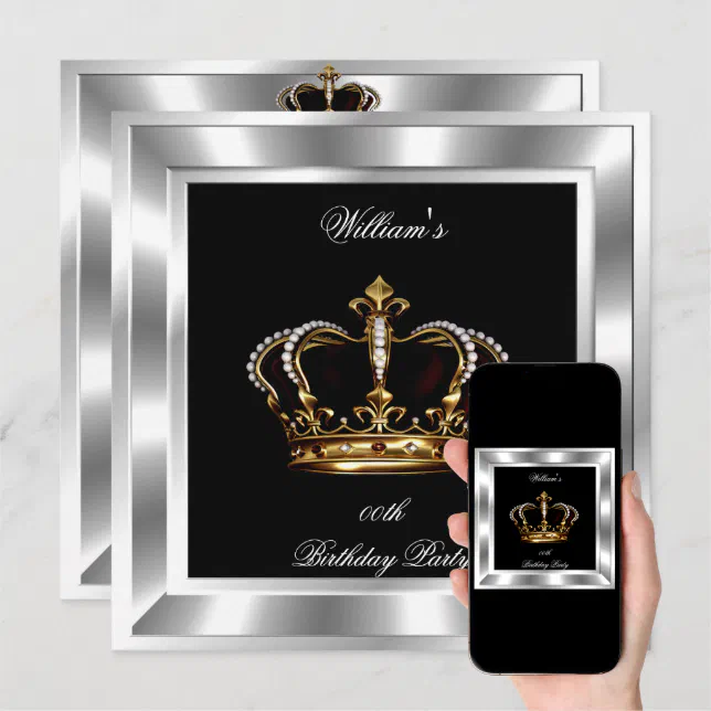 Men's Elegant Black Silver Birthday Prince King Invitation | Zazzle