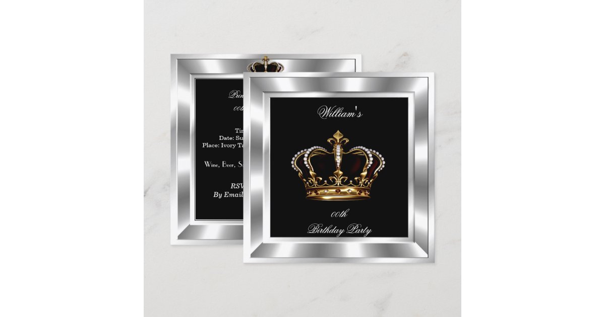 Men's Elegant Black Silver Birthday Prince King Invitation | Zazzle