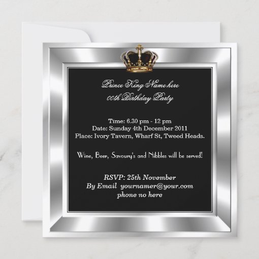 Men's Elegant Black Silver Birthday Prince King Invitation | Zazzle