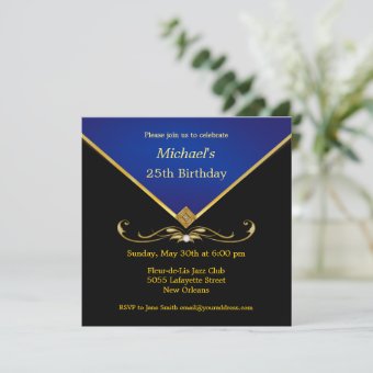 Men's Elegant Gold Blue Birthday Party Invitations | Zazzle