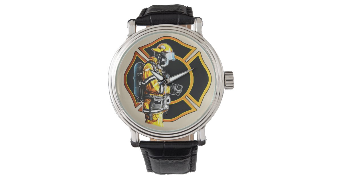 Men's Firefighter Watch in Full Gear with Maltese | Zazzle