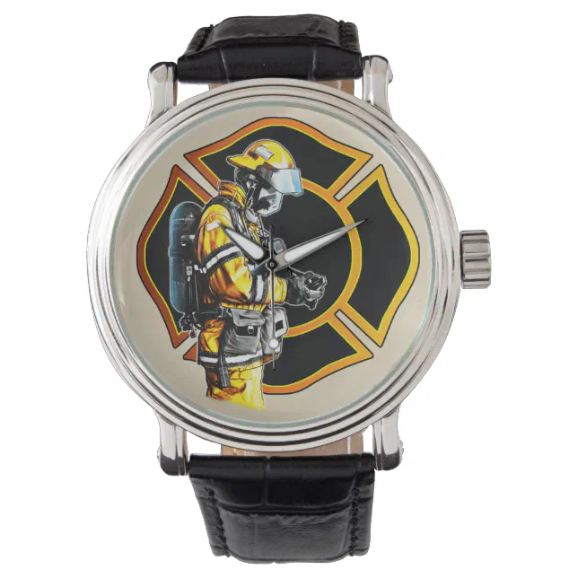 Men's Firefighter Watch in Full Gear with Maltese | Zazzle