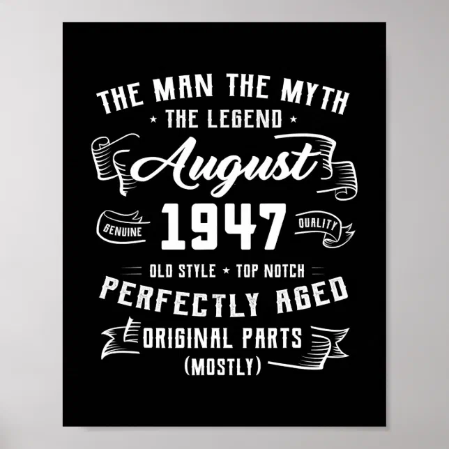 Mens Man Myth Legend August 1947 75th Birthday Poster | Zazzle