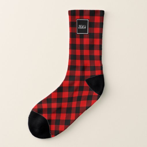Men's Monogrammed Buffalo Check Red Black Plaid Socks | Zazzle