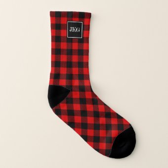 Men's Monogrammed Buffalo Check Red Black Plaid Socks | Zazzle