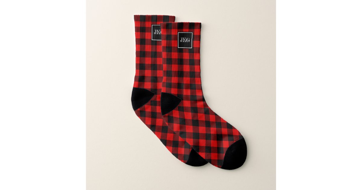Men's Monogrammed Buffalo Check Red Black Plaid Socks | Zazzle