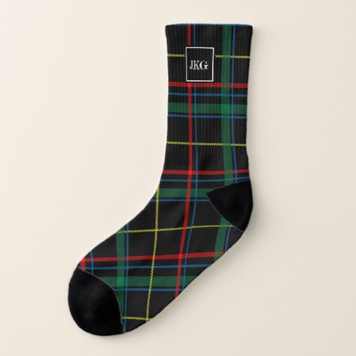 Men's Monogrammed Modern Black Green Plaid Tartan Socks | Zazzle