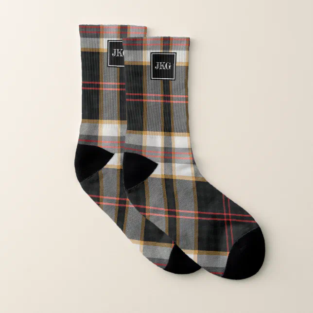Men's Monogrammed Scottish Tartan Black Red Plaid Socks | Zazzle
