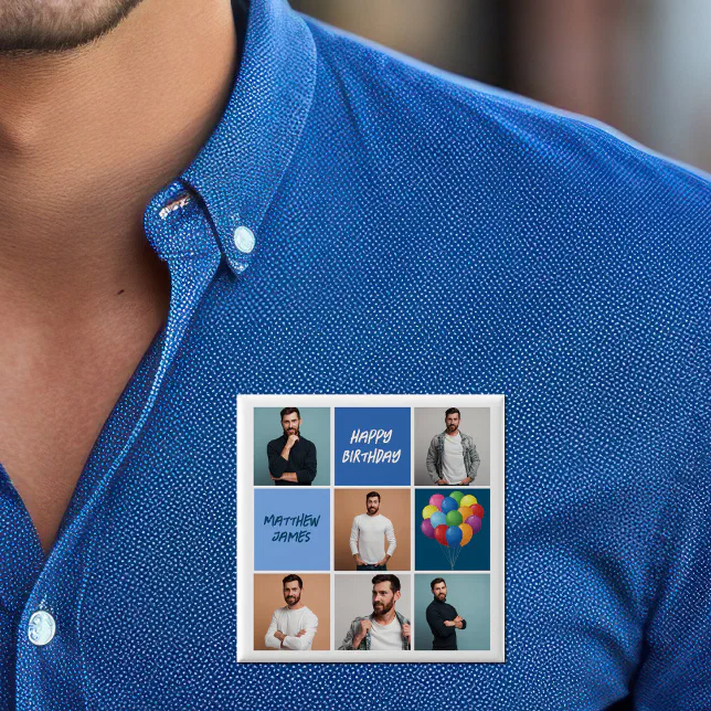 Mens Photo Collage Custom Blue Birthday Party Button | Zazzle