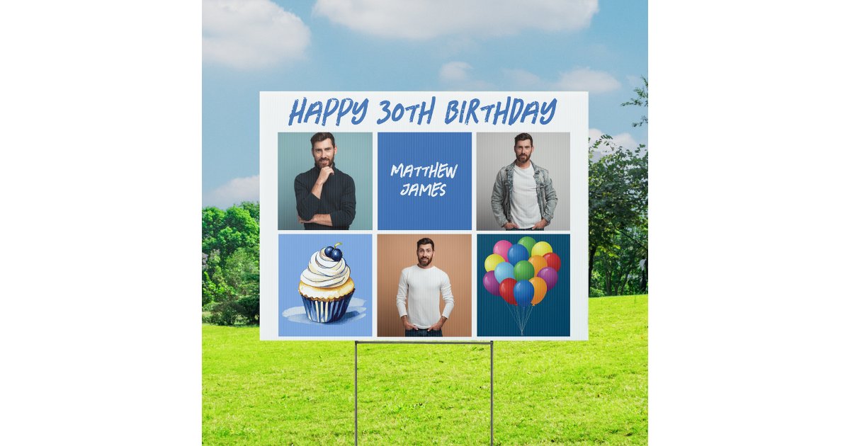 Mens Photo Collage Custom Blue Birthday Party Yard Sign | Zazzle