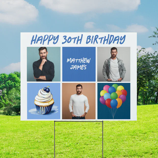 Mens Photo Collage Custom Blue Birthday Party Yard Sign | Zazzle