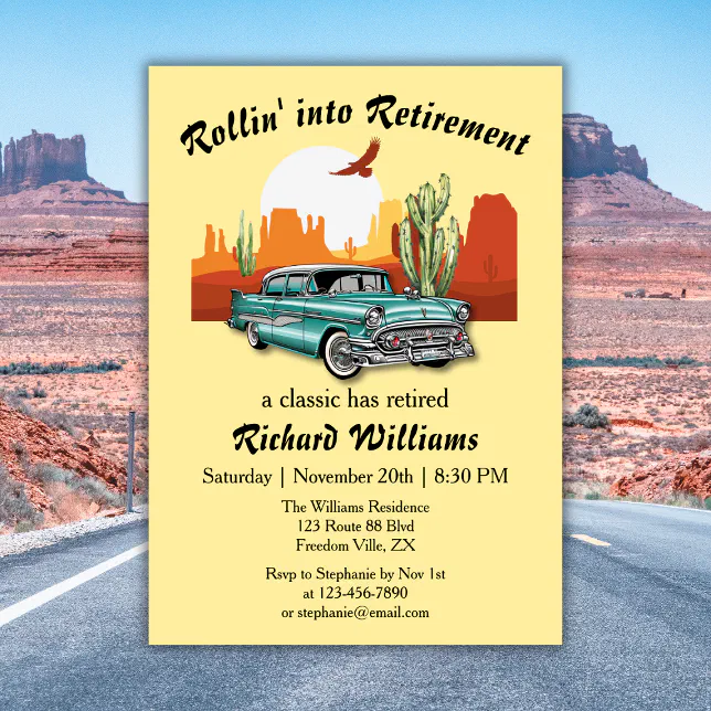 Men's Retirement Retro Classic Blue Car Desert Invitation | Zazzle