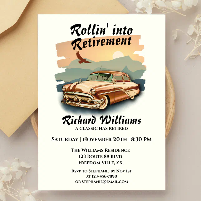 Men's retirement retro classic car desert sunset invitation | Zazzle
