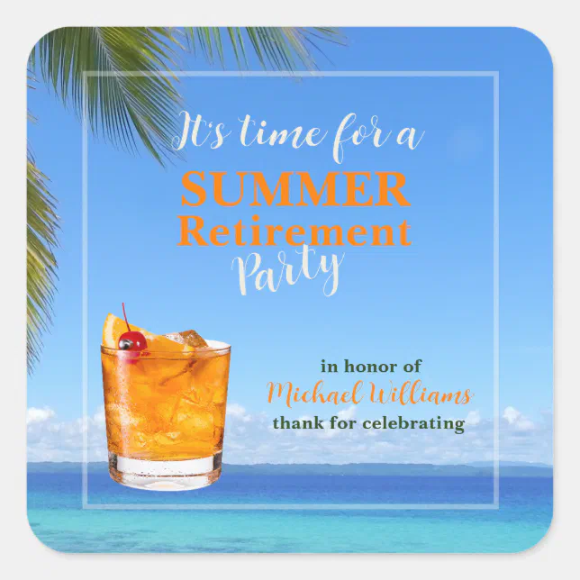 Men's Retirement Summer Ocean Cocktail Party Square Sticker | Zazzle