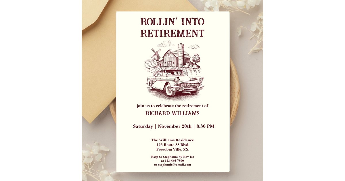 Men's Retirement Vintage Barn Car Rollin' into Invitation | Zazzle