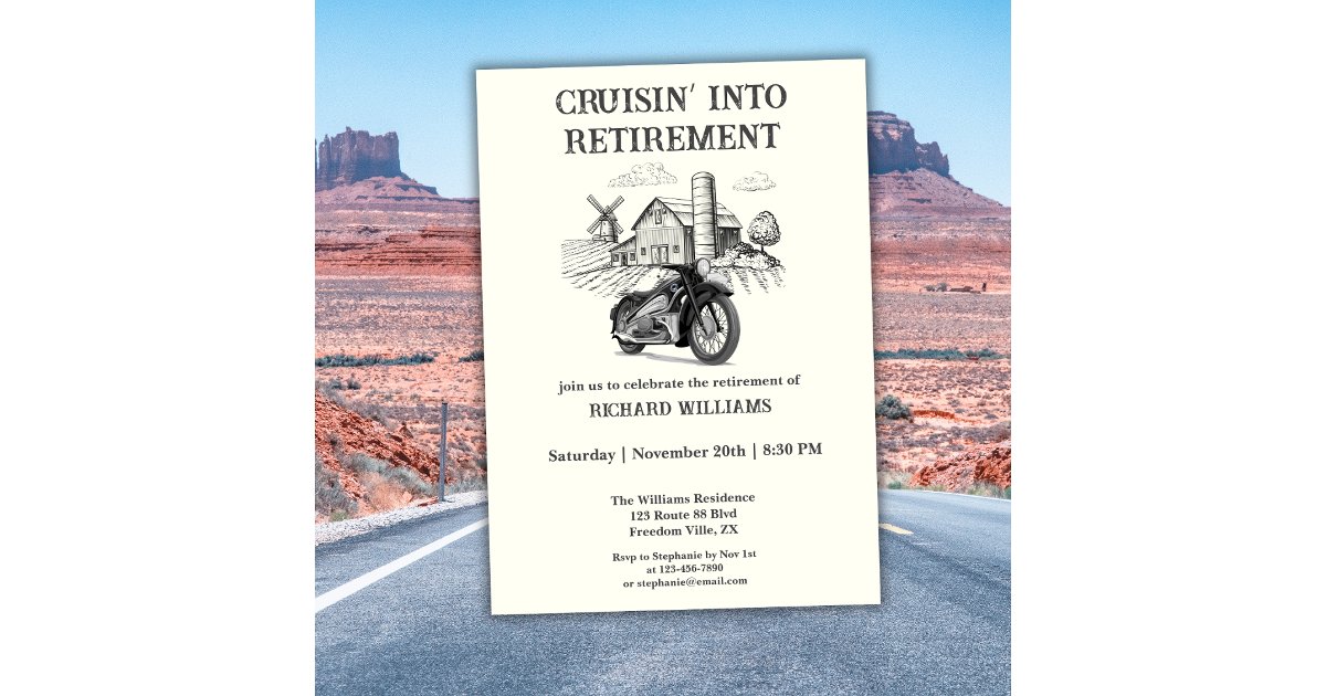 Men's Retirement Vintage Barn Motorbike Cruising Invitation | Zazzle