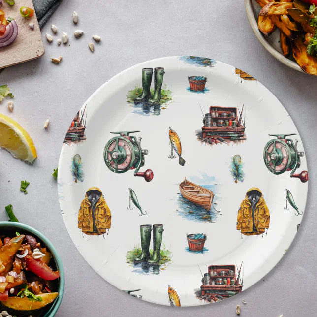 Men's Watercolor Fishing Gear Pattern Paper Plates | Zazzle