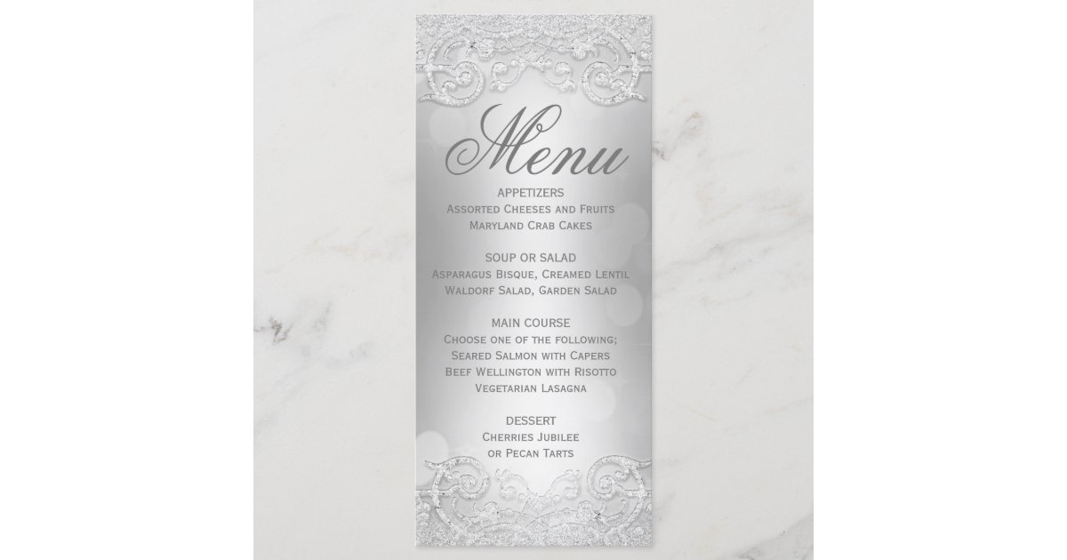 Menu Elegant Silver Faux Glitter | Zazzle