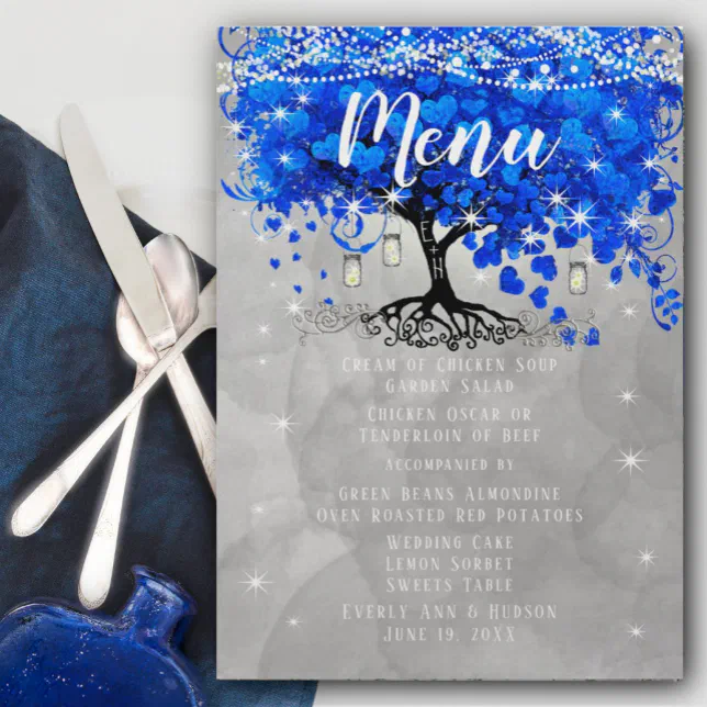 Menu Mason Jar Blue Heart Leaf Tree Watercolor | Zazzle