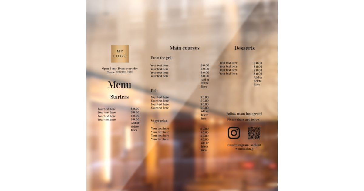 Menu price list restaurant bar cafe window cling | Zazzle