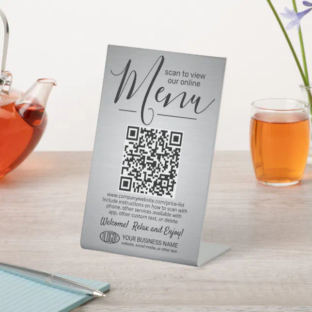 Menu QR Code Generator & Logo Faux Metallic Silver Pedestal Sign | Zazzle