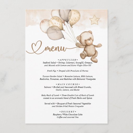Menu Teddy Bear Baby Bear Baby Shower | Zazzle