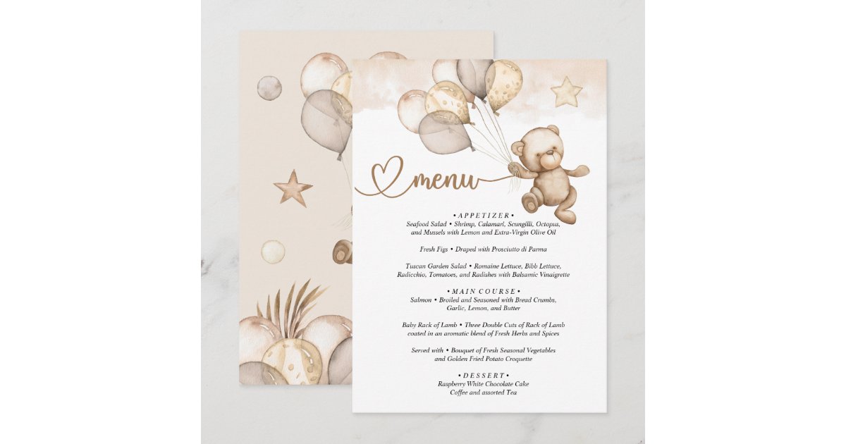 Menu Teddy Bear Baby Bear Baby Shower | Zazzle