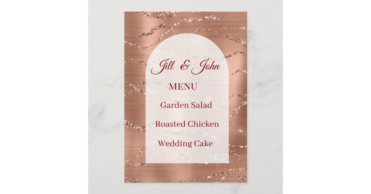 Menu Wedding Card Rose Gold Glitter White Arch | Zazzle