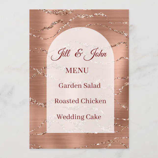 Menu Wedding Card Rose Gold Glitter White Arch | Zazzle