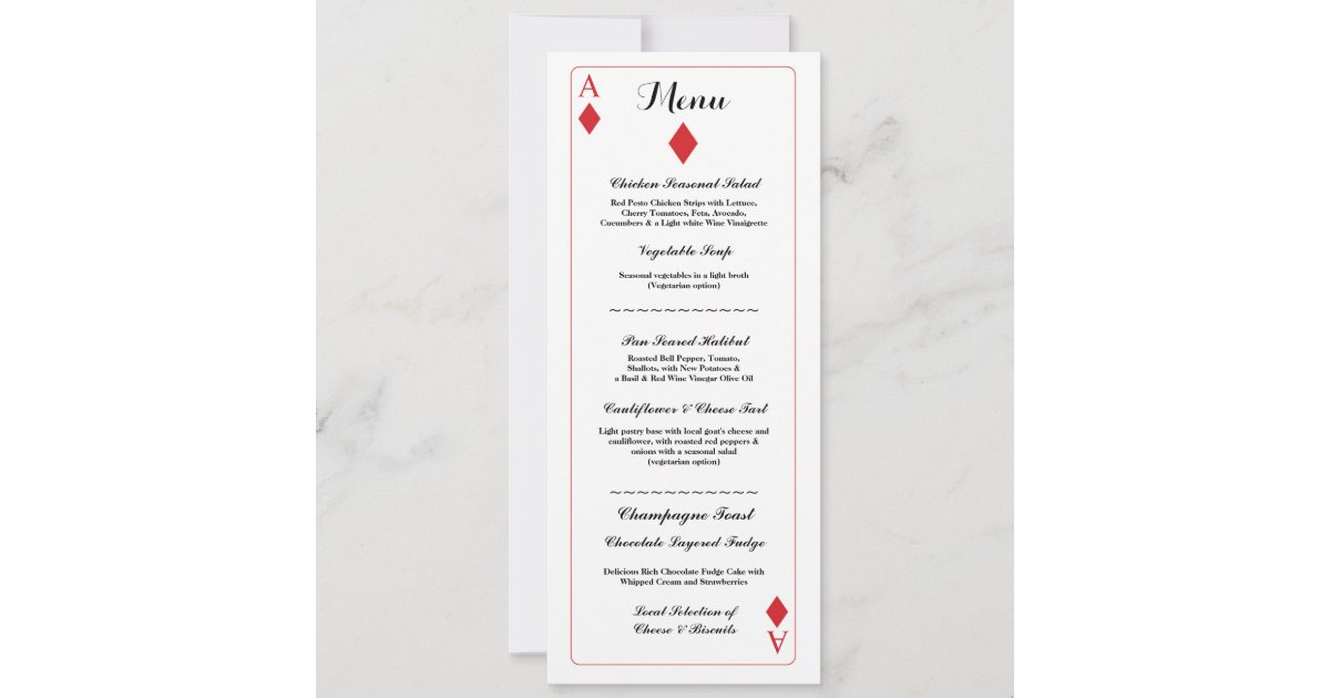 Menu Wedding Reception Diamond Playing Cards Ace | Zazzle