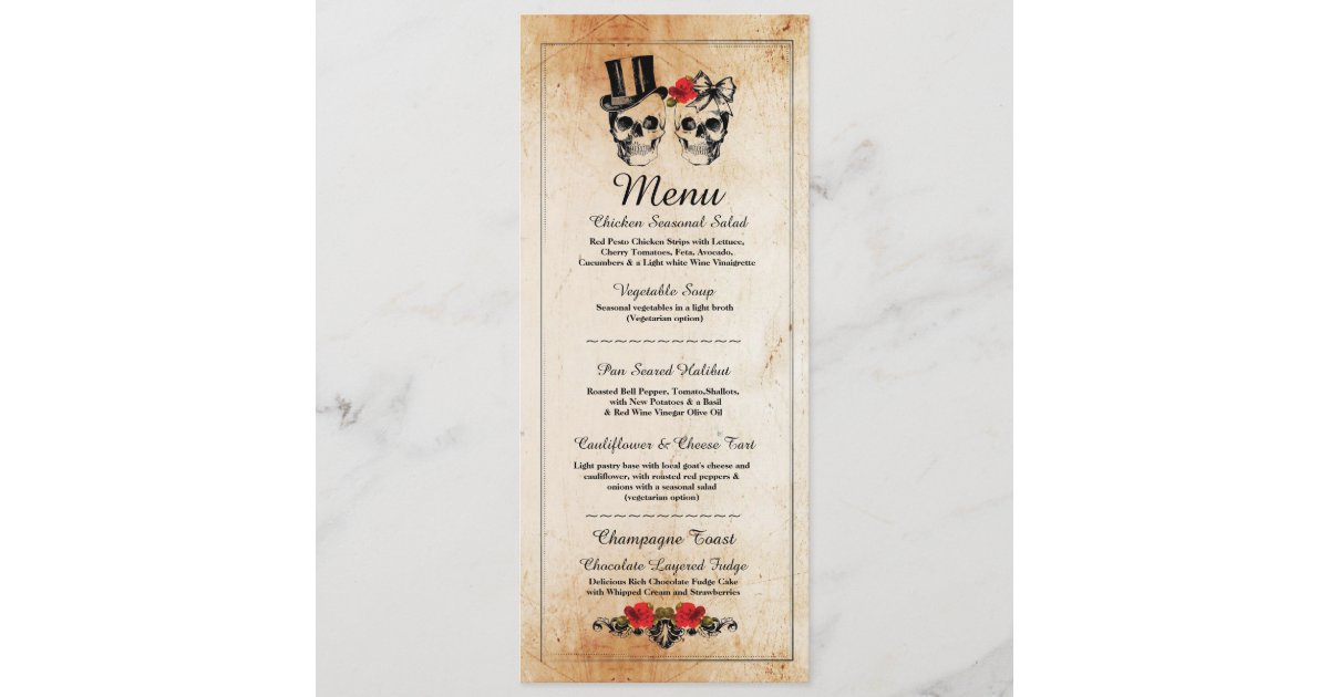 Menu Wedding Reception Rustic Skulls Roses Menus | Zazzle