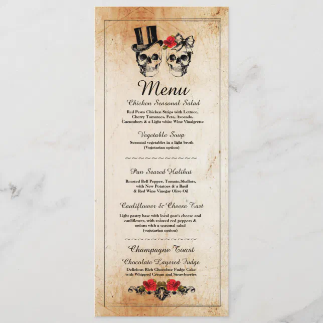 Menu Wedding Reception Rustic Skulls Roses Menus | Zazzle