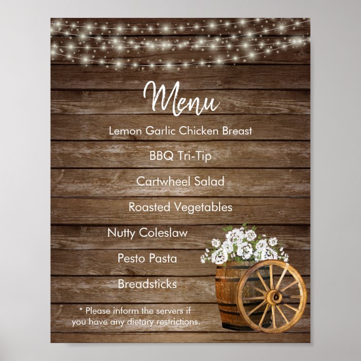 Menu - Wood Barrel with White Flowers Poster | Zazzle.com