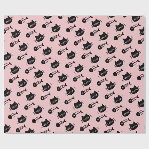 Meow Black Cat Face Fishbone Pattern Pink Wrapping Paper | Zazzle