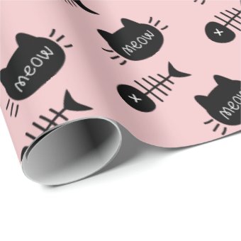 Meow Black Cat Face Fishbone Pattern Pink Wrapping Paper | Zazzle