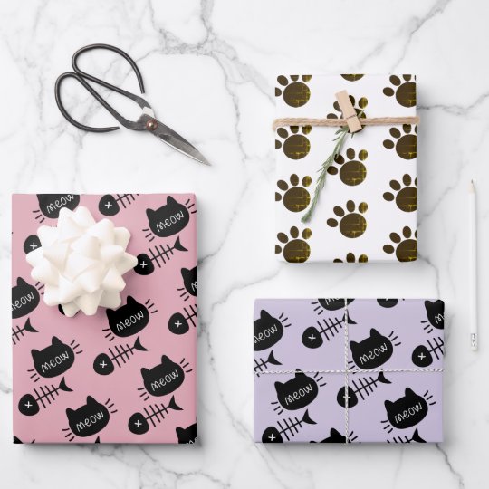 Meow Black Kitty Cat Fishbone Pattern Pink Wrapping Paper Sheets ...