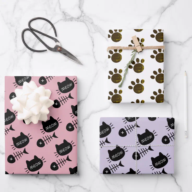 Meow Black Kitty Cat Fishbone Pattern Pink Wrapping Paper Sheets | Zazzle
