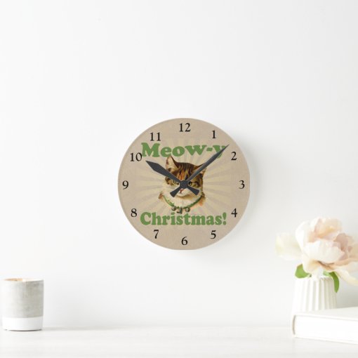 Meow-y Christmas, Cute Holiday Cat Animal Round Clock | Zazzle