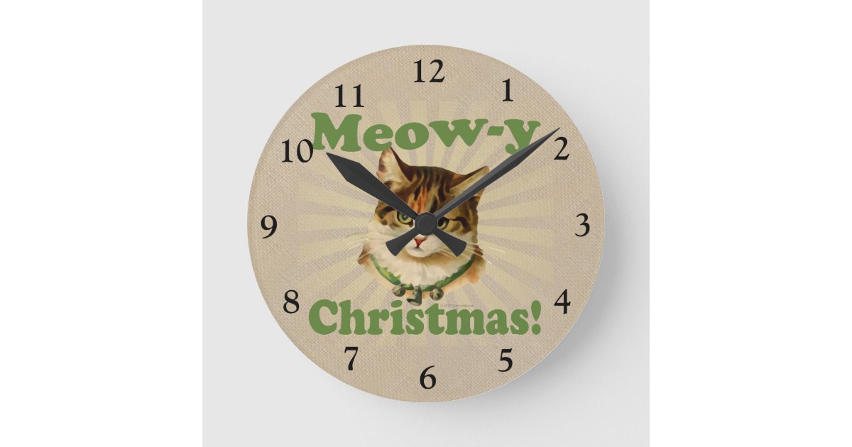 Meow-y Christmas, Cute Holiday Cat Animal Round Clock | Zazzle