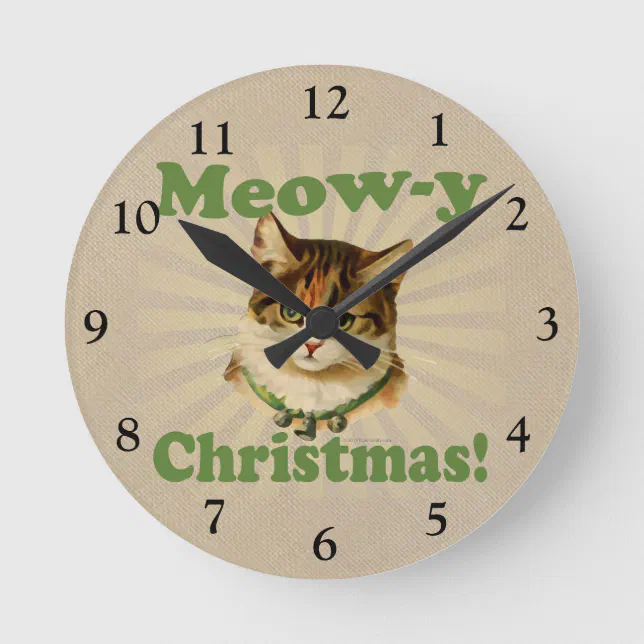 Meow-y Christmas, Cute Holiday Cat Animal Round Clock | Zazzle