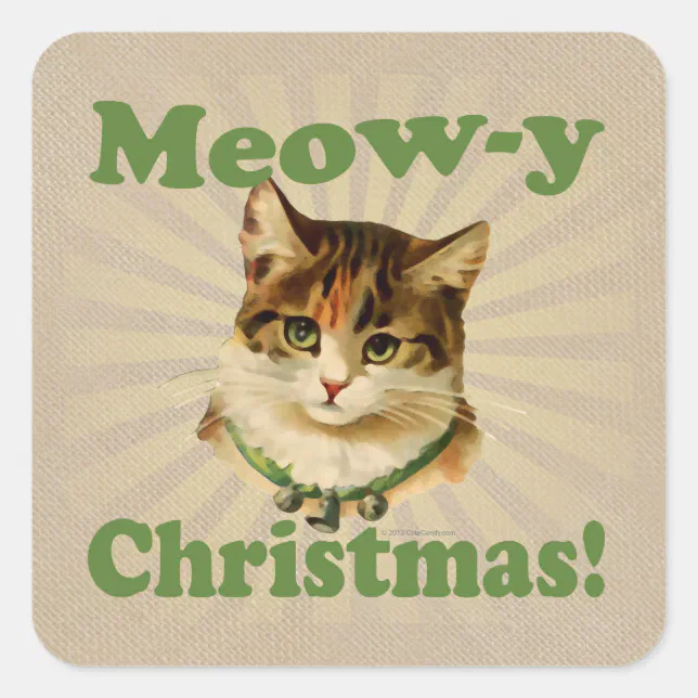 Meow-y Christmas, Cute Holiday Cat Animal Square Sticker | Zazzle