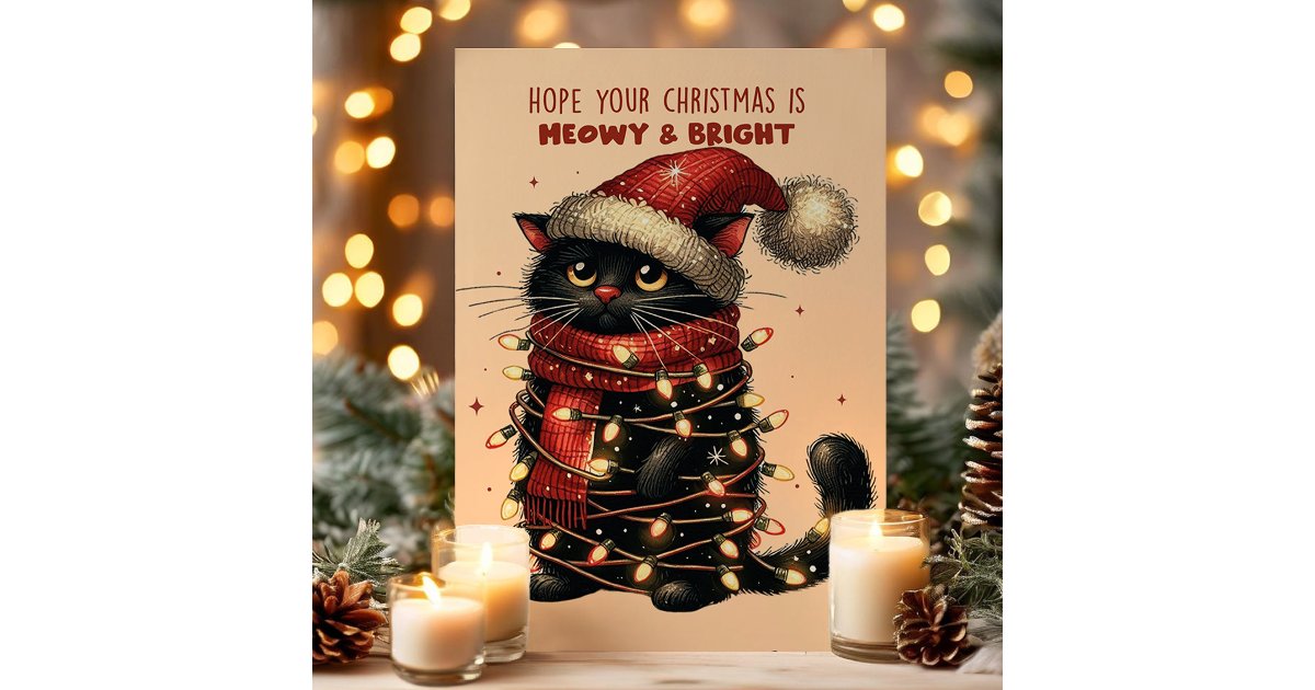 Meowy & Bright Cat Tangled Lights Funny Christmas Holiday Card | Zazzle