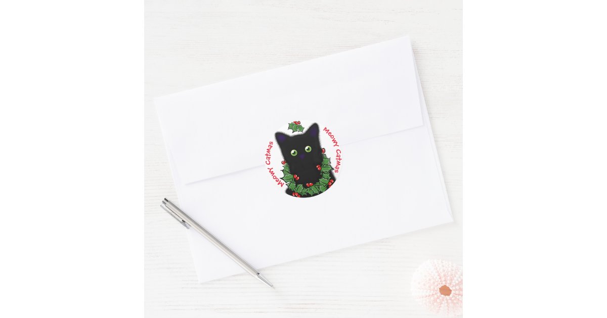 Meowy Catmas cat drawing Holly berries Christmas Classic Round Sticker ...