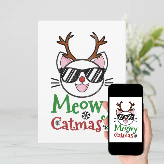 Meowy Catmas Christmas Kitty Cat Red Nose Reindeer Holiday Card | Zazzle