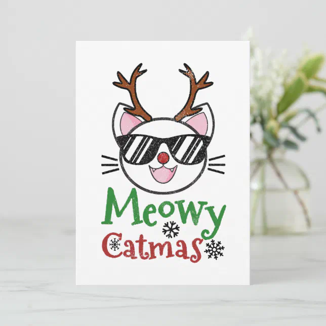 Meowy Catmas Christmas Kitty Cat Red Nose Reindeer Holiday Card | Zazzle